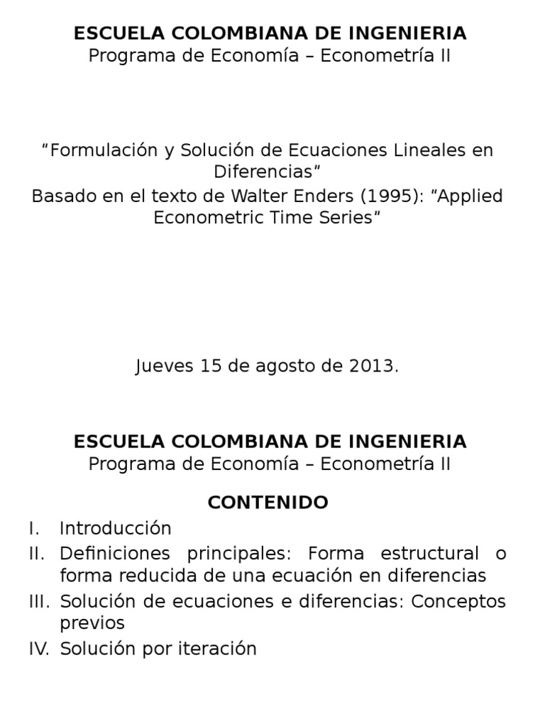 Ecuaciones en Diferencias en Econometría | PDF | Ecuaciones | Linealidad