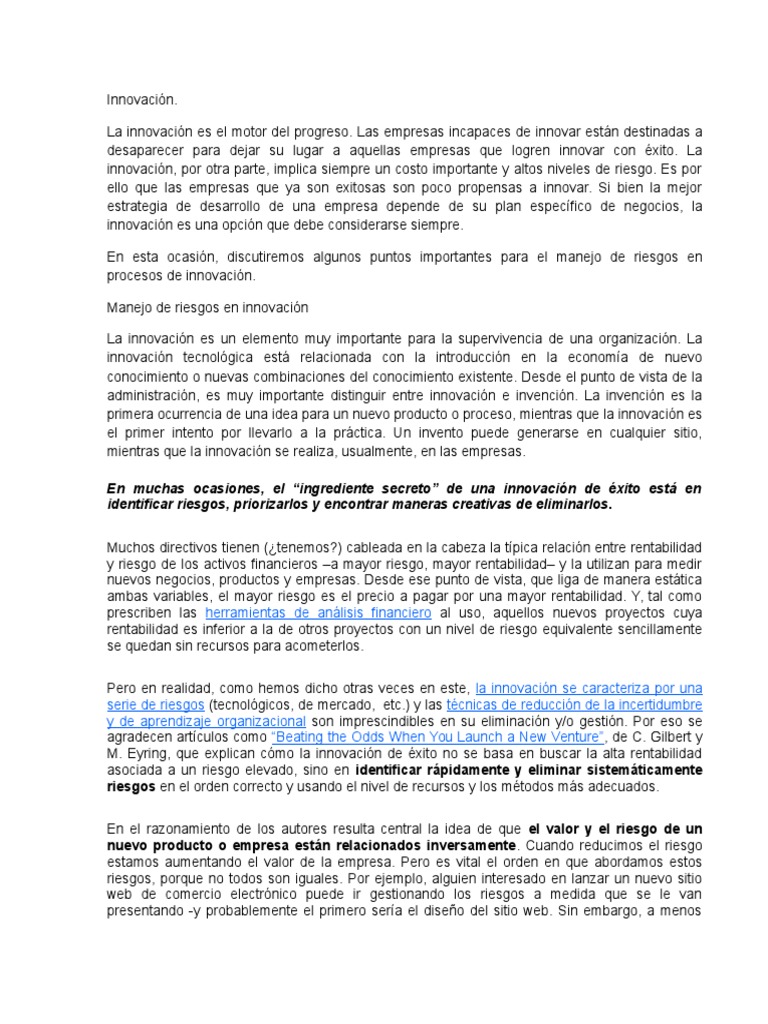 Riesgos de La Innovación. | PDF | Innovación | Modelo de negocio