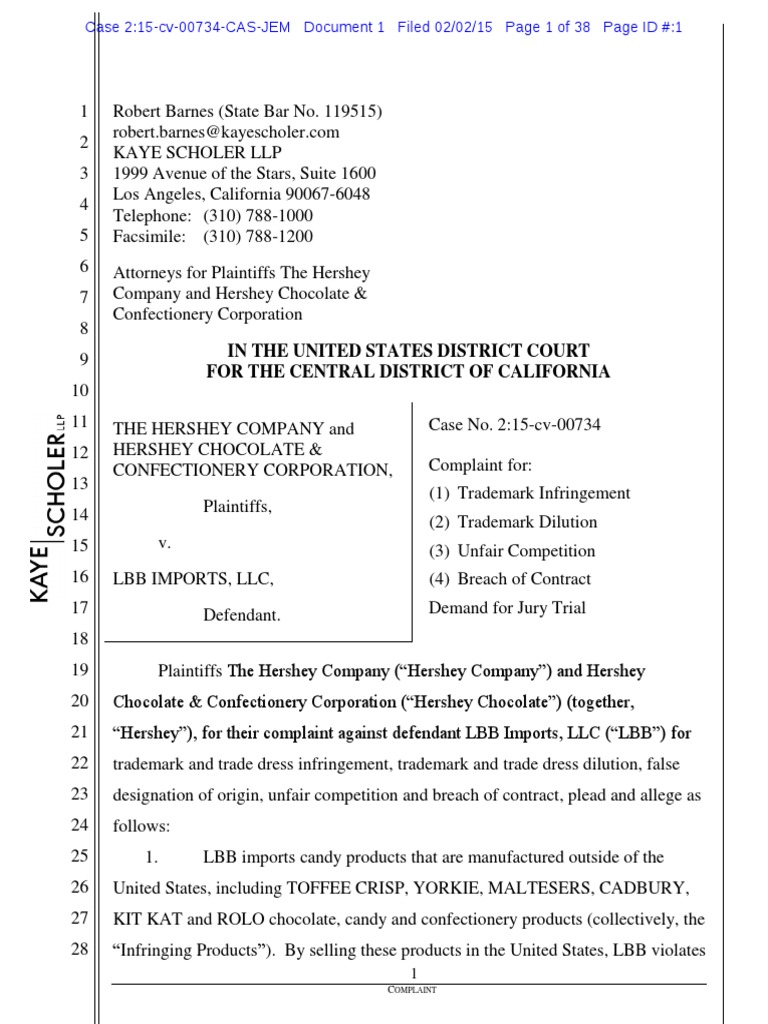 Hershey Co. v. LBB Imports - Trademark Complaint PDF | PDF | Trademark ...