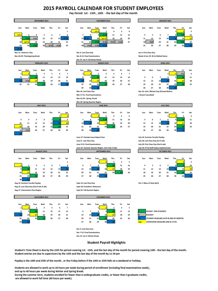 2015 Student Payroll Calendar Guide | PDF | Holidays | Observances