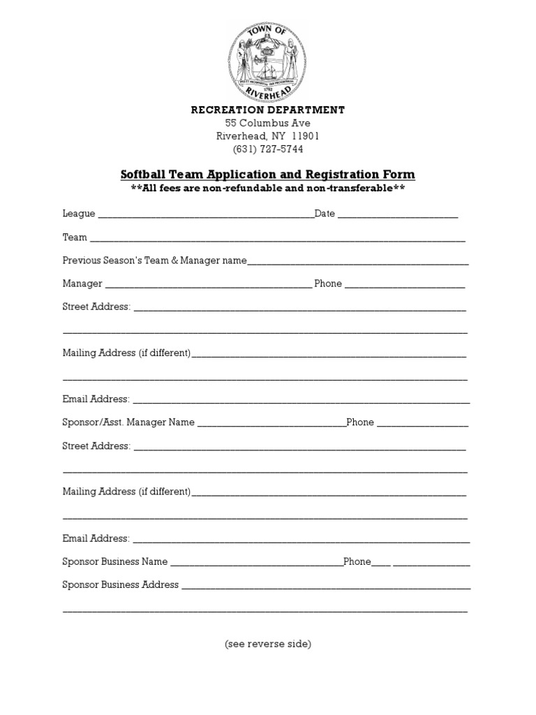 Softball Team Application and Registration Form: Recreation Department ...