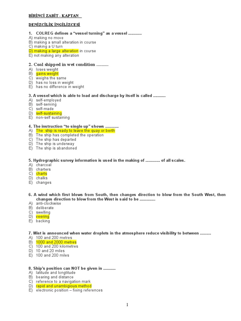 Maritime English Exam: Questions on Navigation, Cargo Operations, and ...