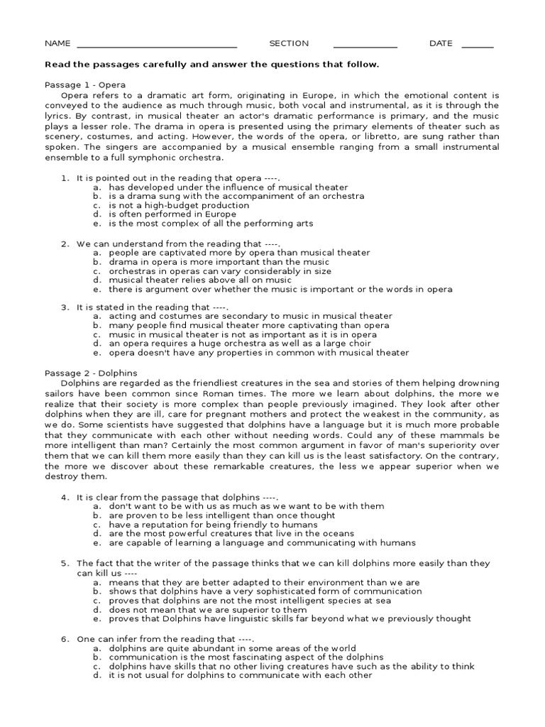 Reading Comprehension and Voca Test | PDF | Opera | Dolphin