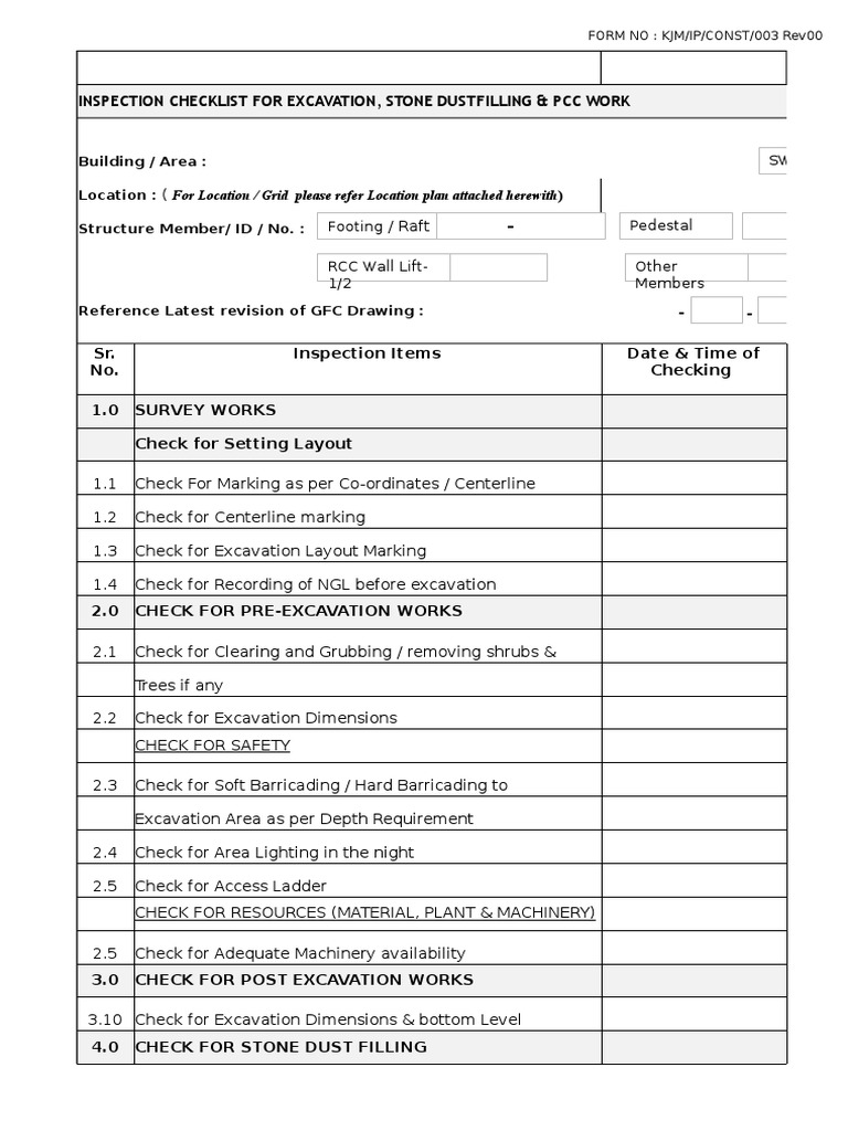 Inspection Checklist Format - Excavation | PDF | Horticulture And ...