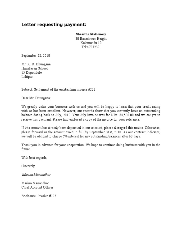 Letter Requesting Payment | PDF