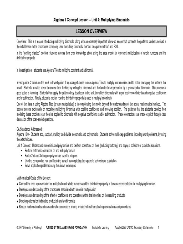 Multiplying Binomials Lesson Plan (Access Version) | PDF | Factorization | Algebra