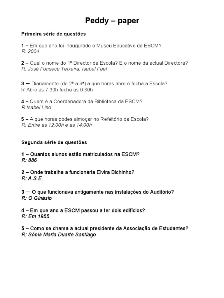 Questões sobre a ESCM e Peddy Paper | PDF | Ciências Sociais | Estudos ...