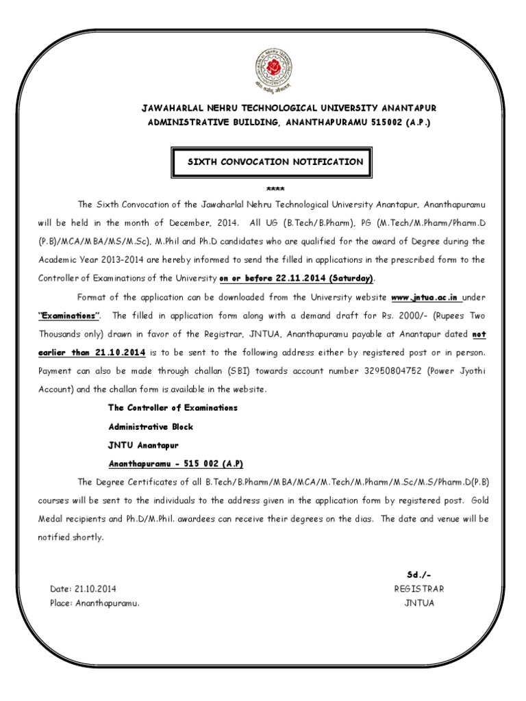 Jntua Convocation Notification & Application - PDF - 2602699 | PDF ...