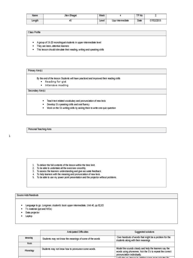 Lesson Plan TP2 | PDF | Reading (Process) | Lesson Plan
