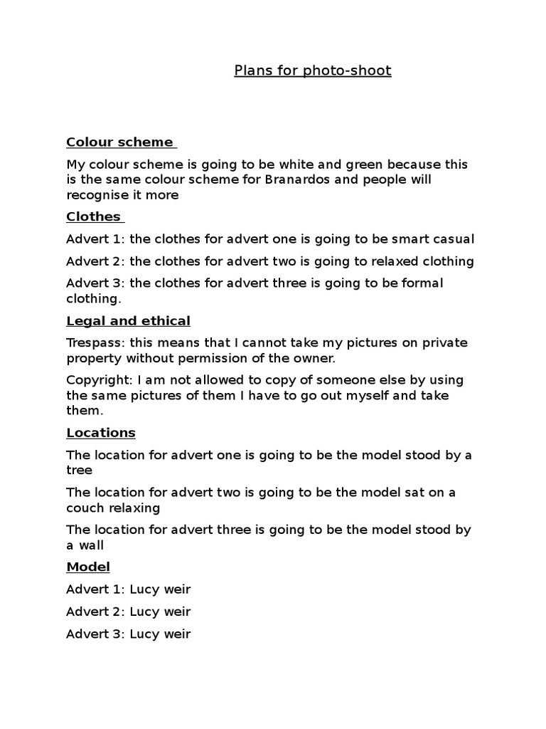Photo Shoot Plans and Guidelines | PDF | Art | Lifestyle