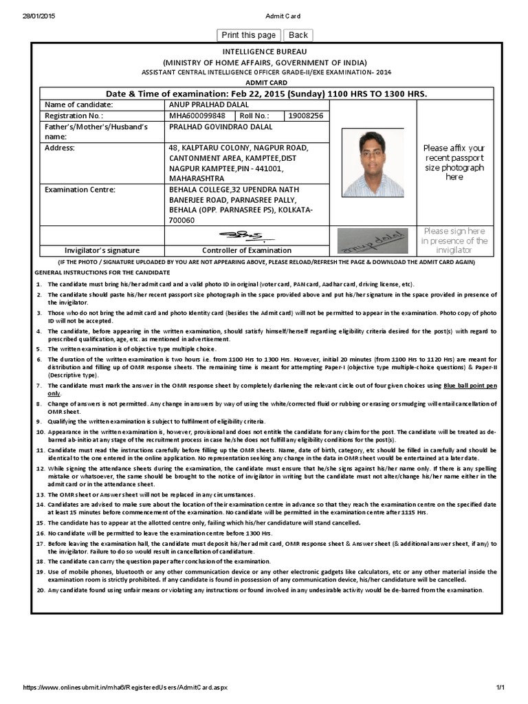 Admit Card IB | PDF | Identity Document | Test (Assessment)