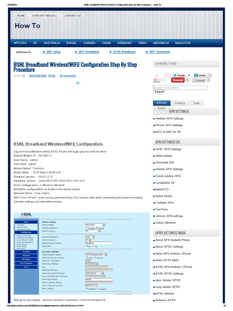BSNL Broadband Wireless (WiFi) Configuration Step by Step Procedure How To | PDF | Wi Fi ...