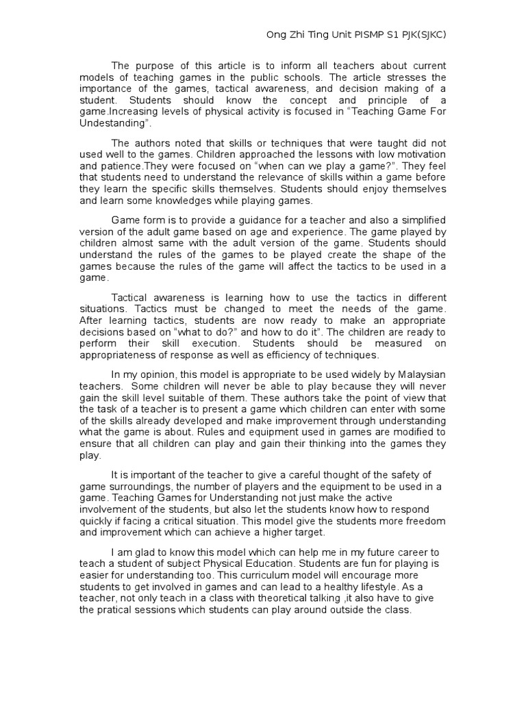 Ong Zhi Ting Unit PISMP S1 PJK (SJKC) | PDF | Teachers | Teaching