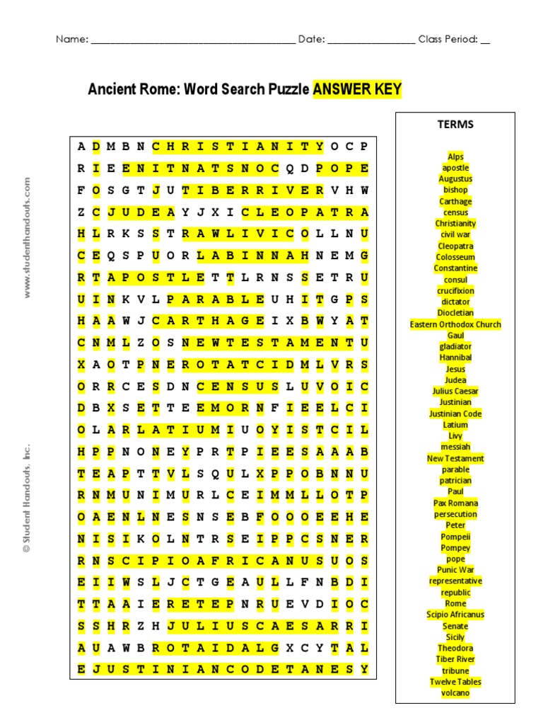 Ancient Rome Wordsearch Puzzle Answer Key | PDF