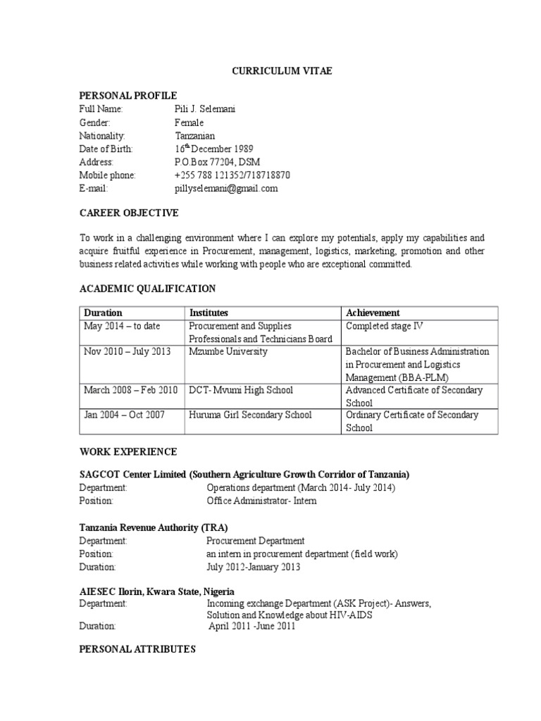 CV Pilly | PDF | Tanzania | Secondary School