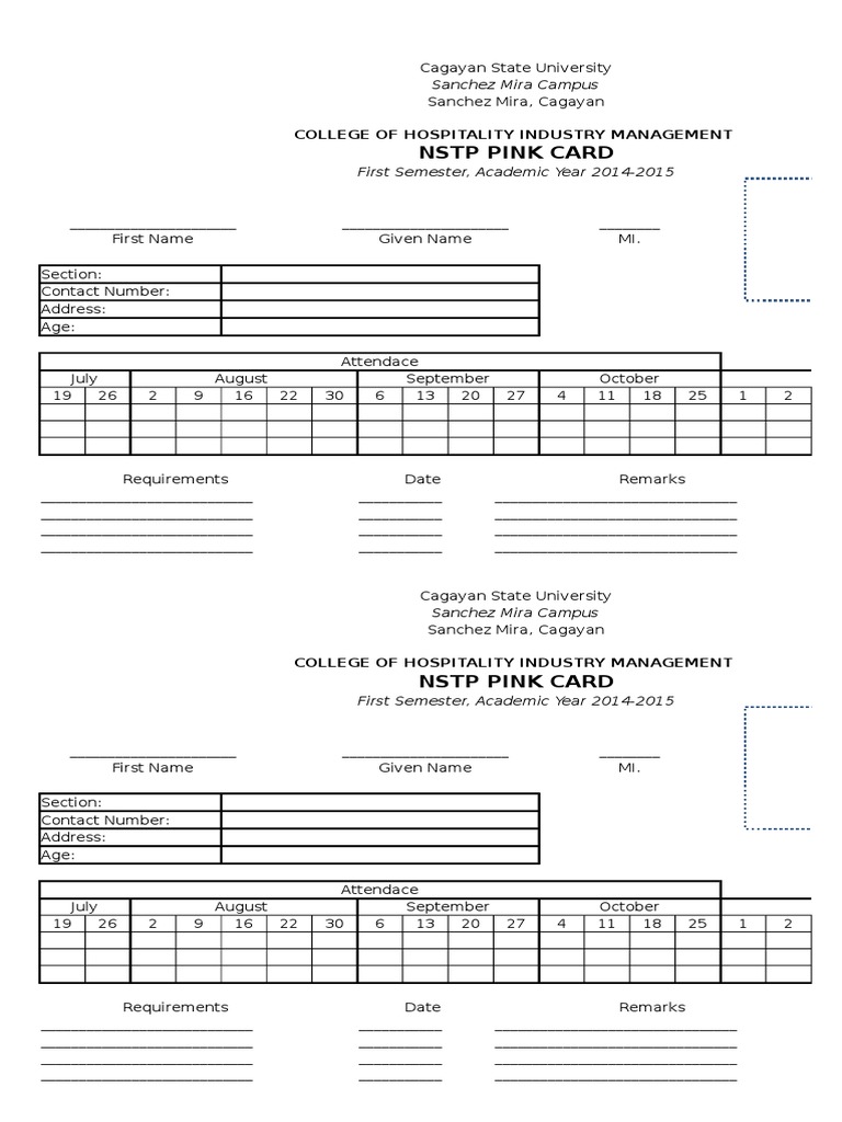 NSTP Pink Card for Cagayan State University | PDF | Career & Growth