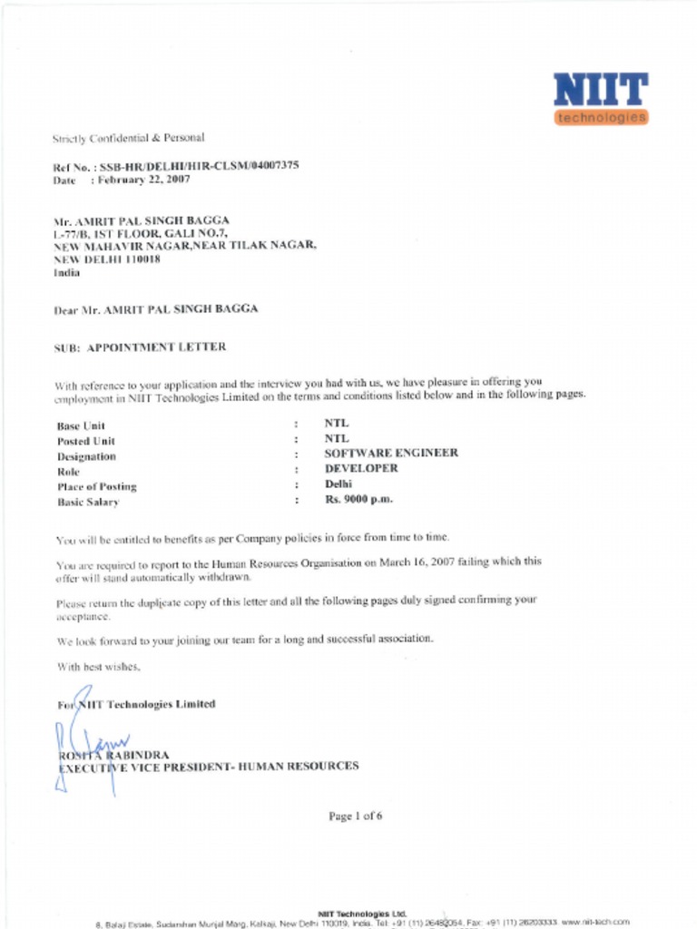 NIIT Appointment Letter | PDF