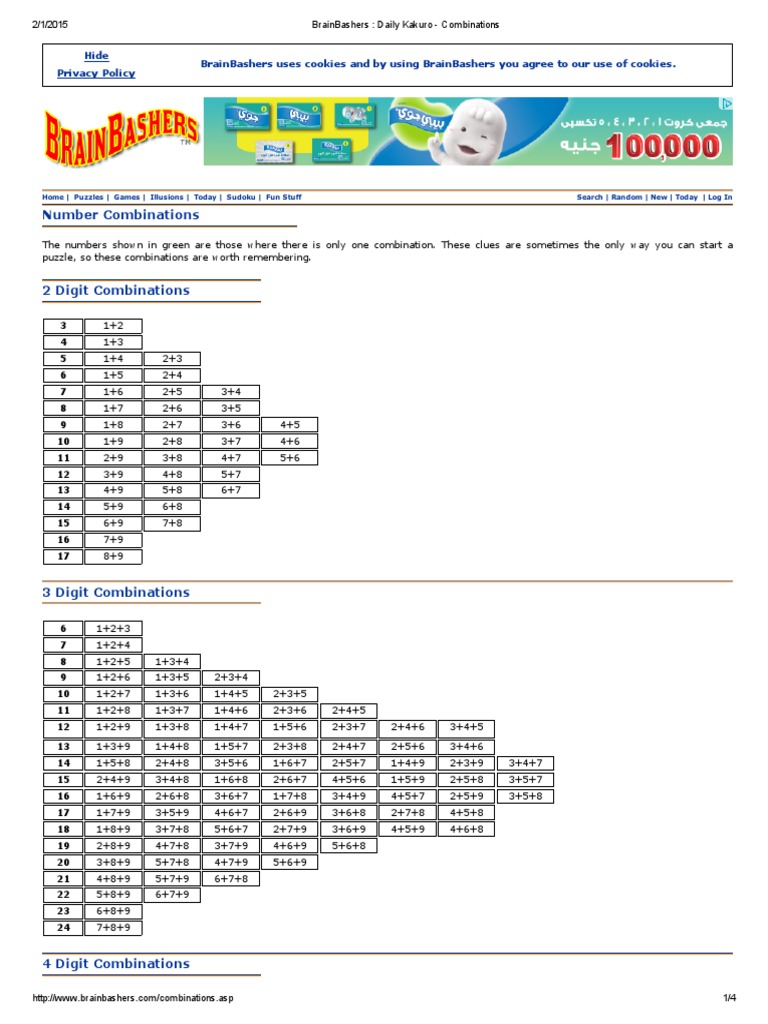 BrainBashers - Daily Kakuro - Combinations | PDF | Popular Scholarship ...