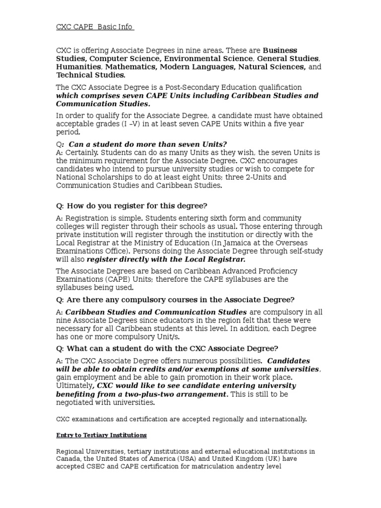 CXC Associate Degree | PDF | Associate Degree | Academic Degree