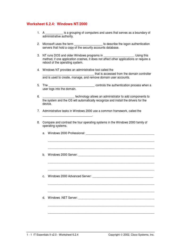Worksheet 6.2.4: Windows NT/2000: 1 - 1 IT Essentials II v2.0 ...