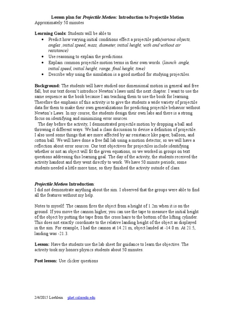Lesson Plans for Projectile Motion | Lesson Plan | Motion (Physics)