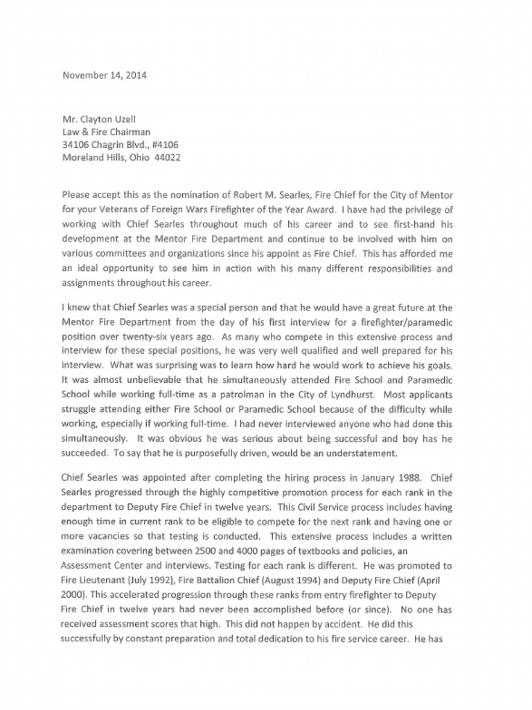 Nomination Letter For Mentor Fire Chief | PDF