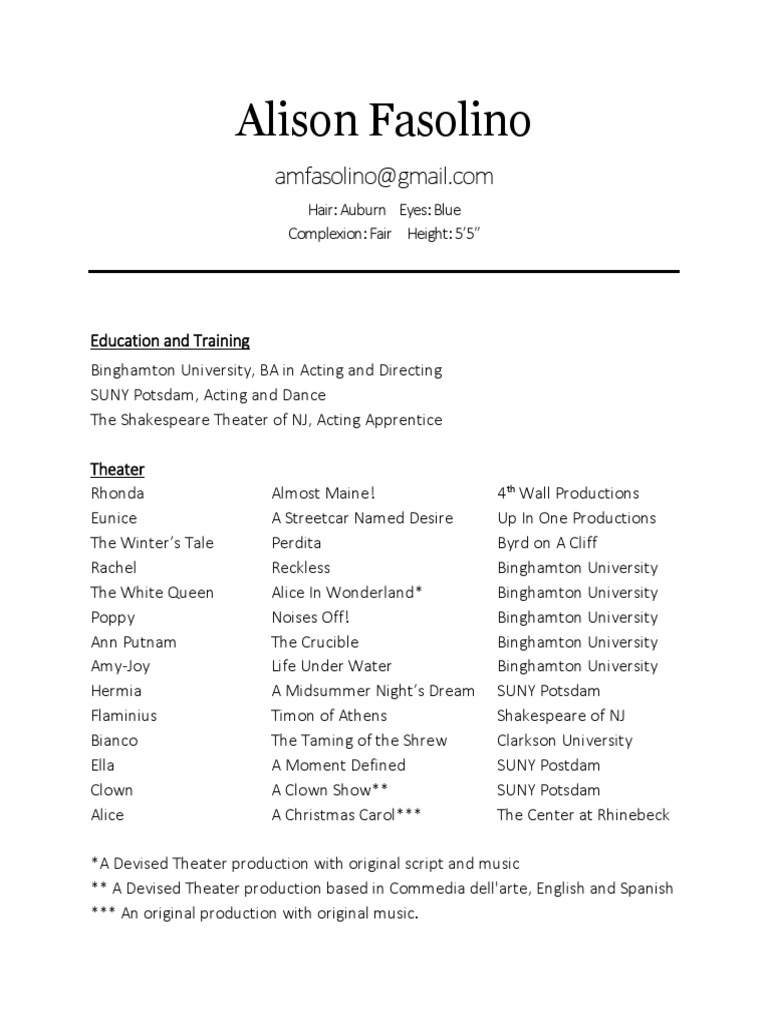 Alison Fasolino: Acting Resume & Skills | PDF | Art | Poetry