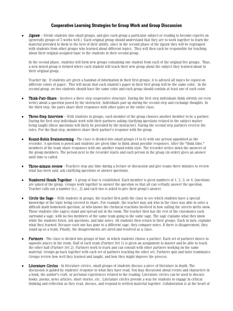 Cooperative Learning Techniques Guide | PDF | Pedagogy | Teaching