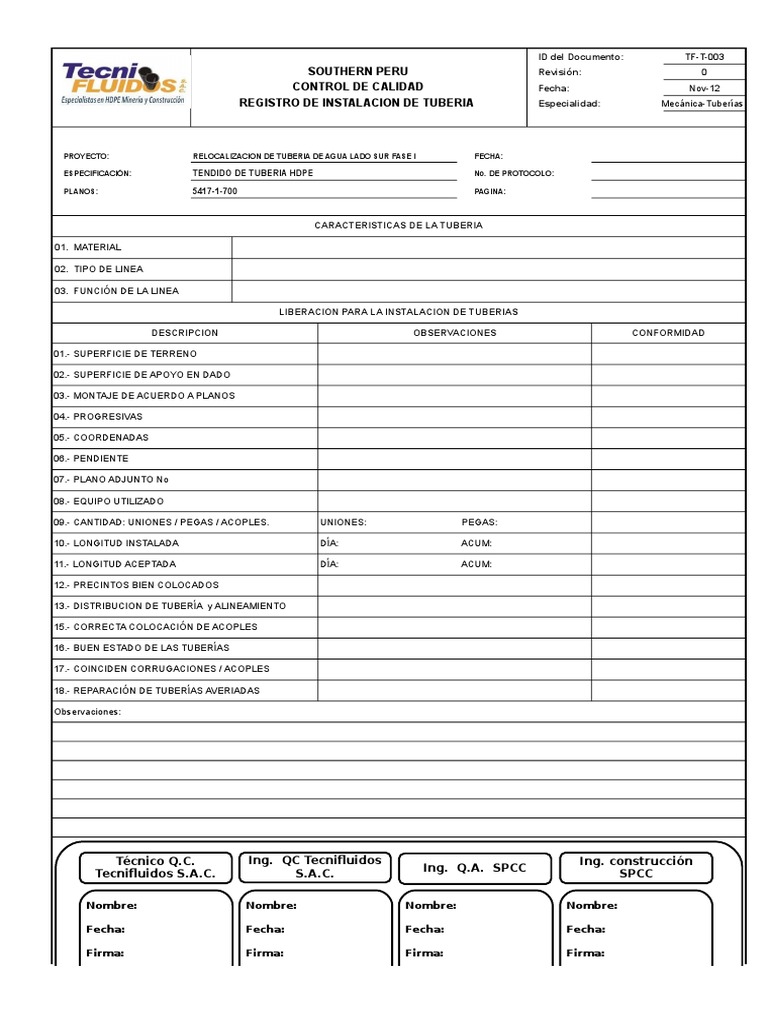 Registro de Instalacion de Tuberia | PDF