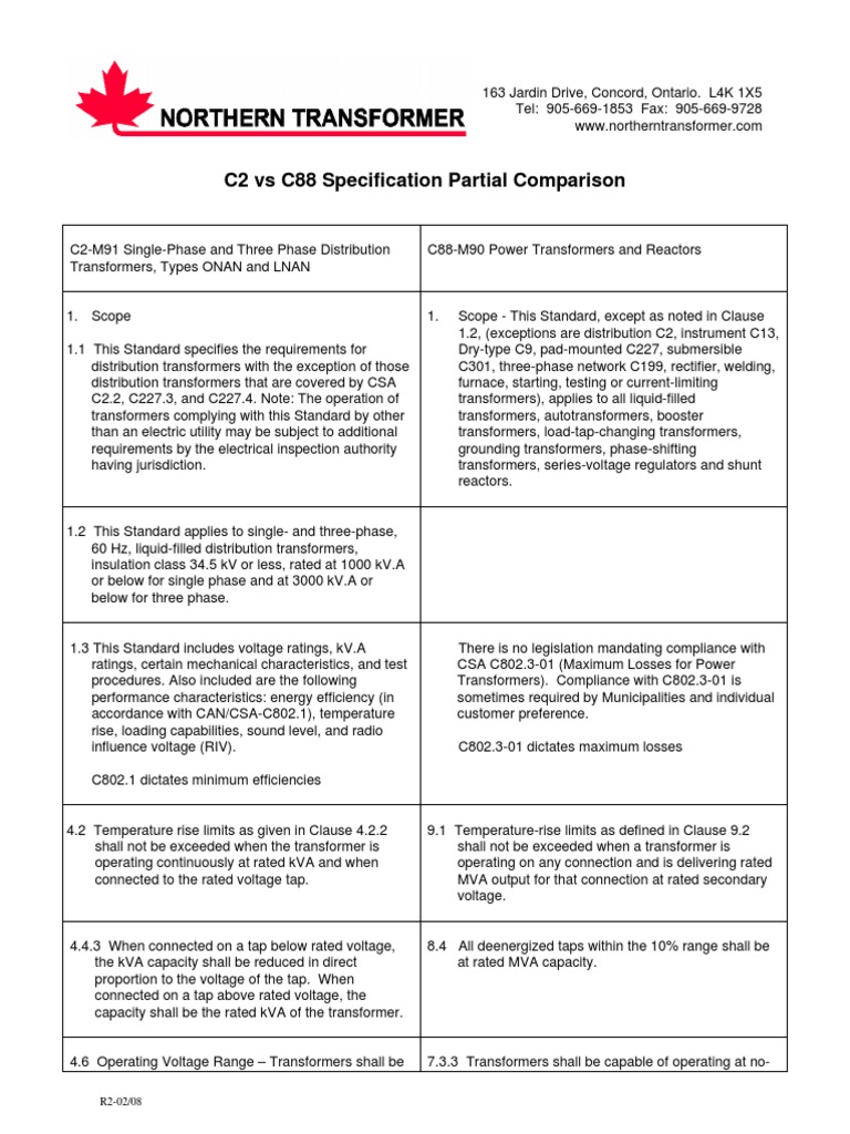 Canadian CSA C2 vs C88 comparison | Transformer | Pressure