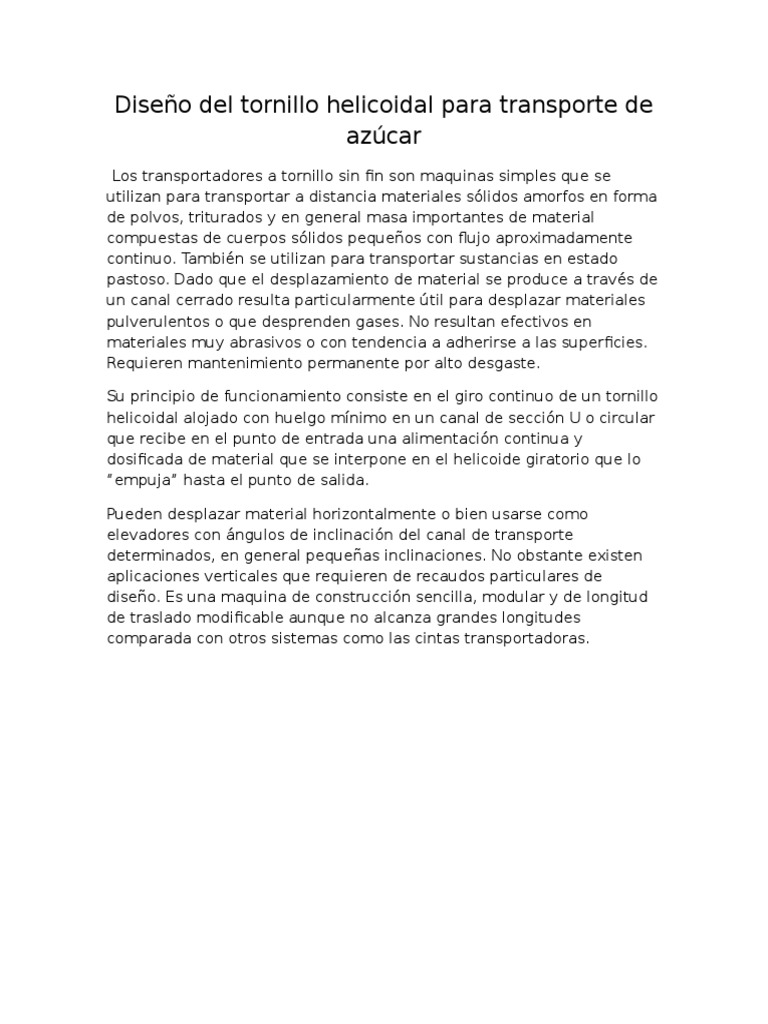 Diseño Del Tornillo Helicoidal para Transporte de Azúcar | PDF | Tornillo | Science