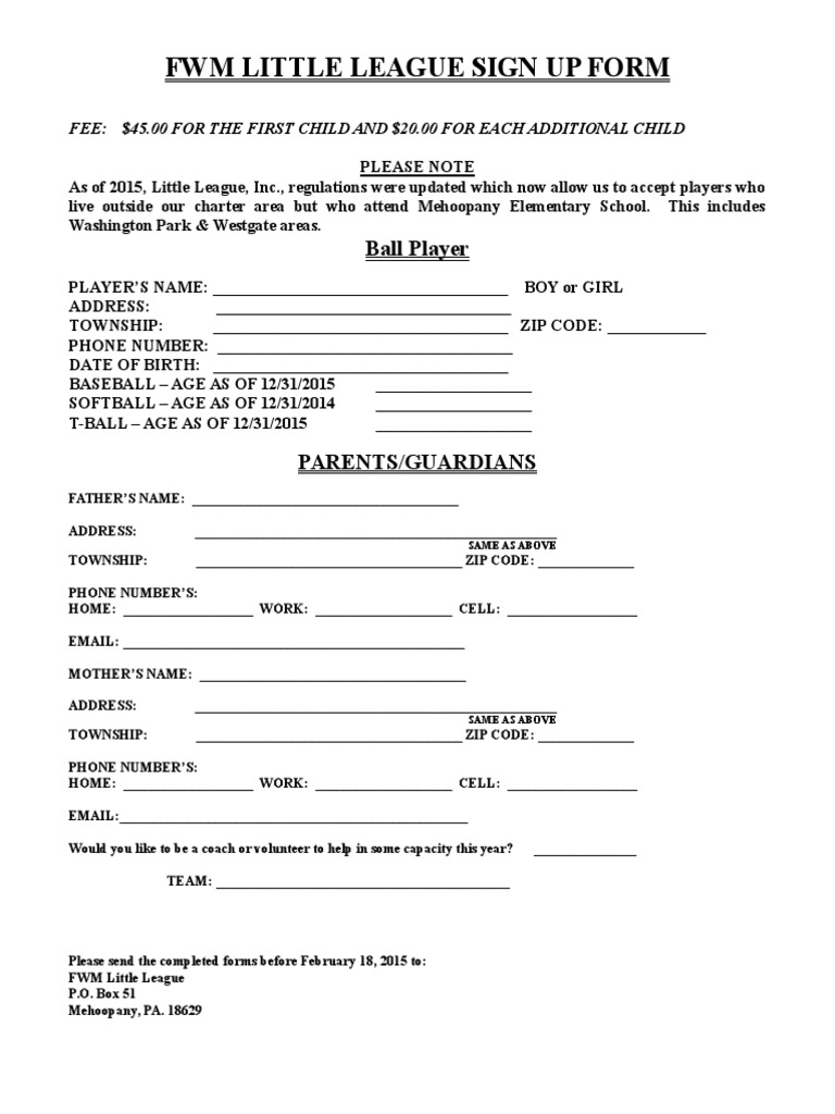 FWM Little League Sign Up Form: Ball Player | PDF | Sports & Recreation