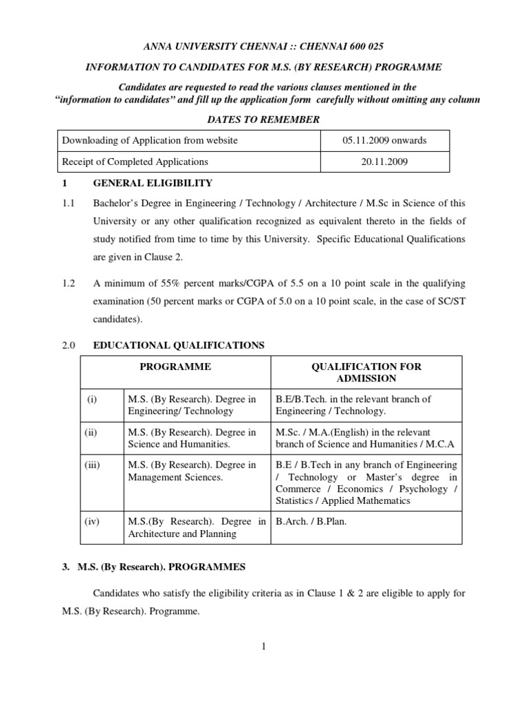 Anna University M.S. Research Program Info | PDF | Engineering | Master ...