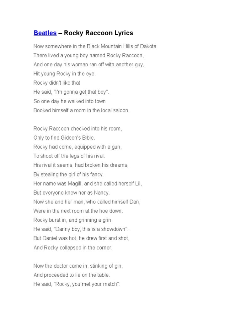 Beatles: - Rocky Raccoon Lyrics | PDF