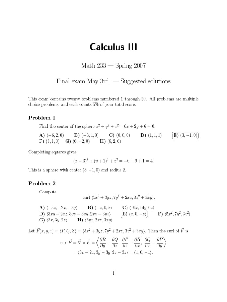 Calculus III: Math 233 - Spring 2007 Final Exam May 3rd. - Suggested ...