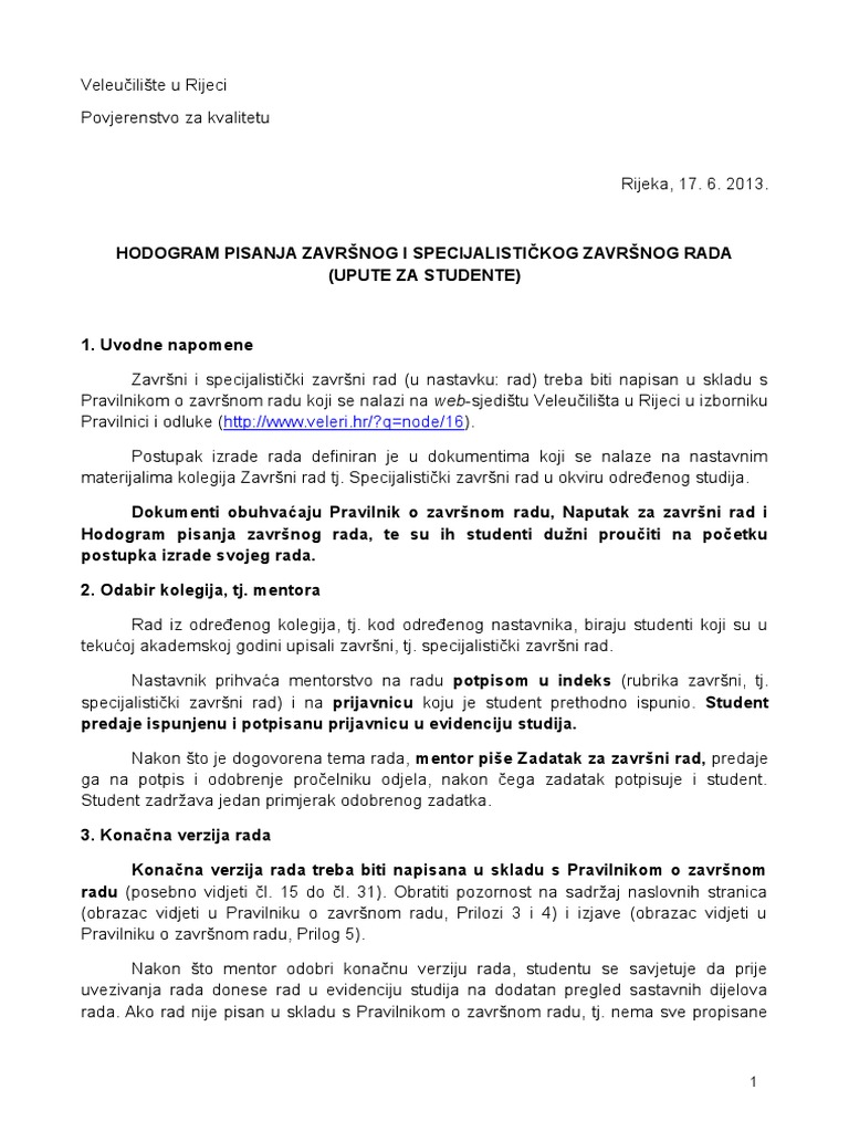 Hodogram Pisanja Zavrsnog Rada-Studenti | PDF