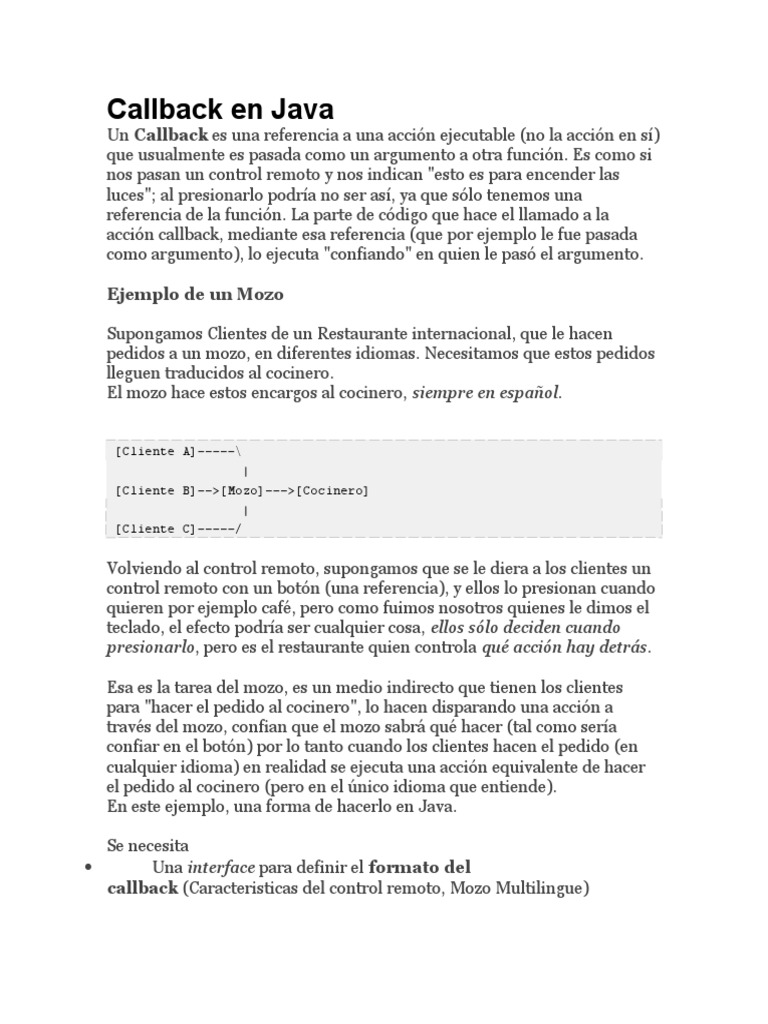 Callback en Java | PDF | Devolución de llamada (programación de computadora) | Java (lenguaje de ...
