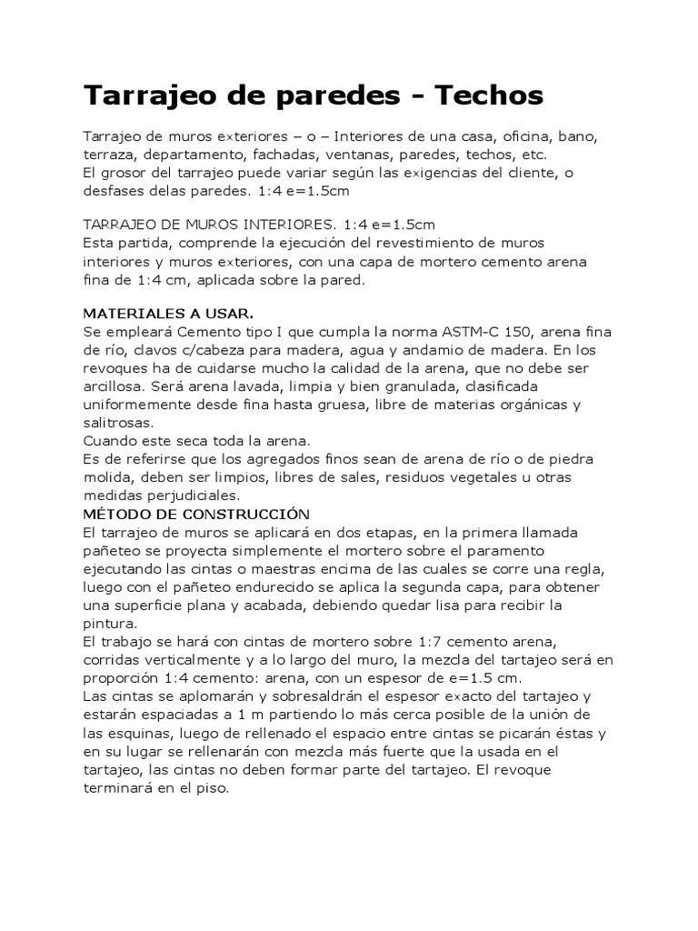 Tarrajeo de Paredes: Técnicas y Materiales | PDF | Cemento | Pintar