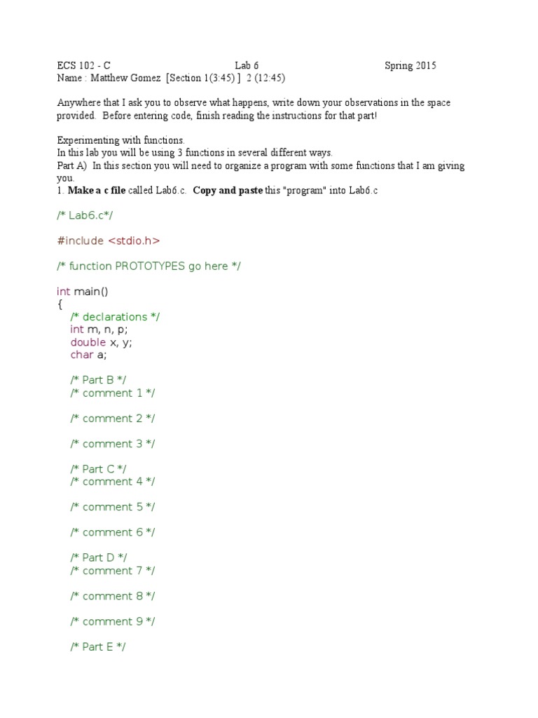 Ecs 102 Lab 6 Functions Pdf Parameter Computer Programming C Programming Language 