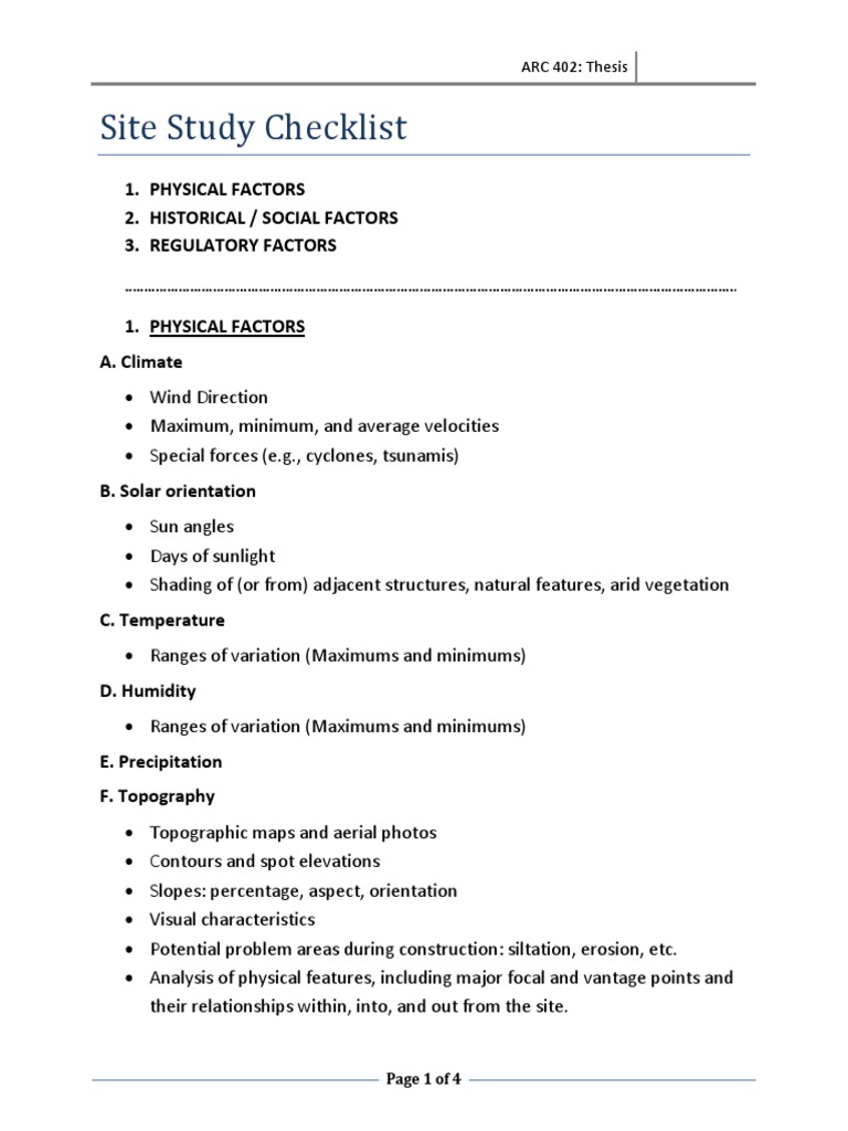 Site Study Checklist for Architecture Thesis | PDF | Zoning | Topography