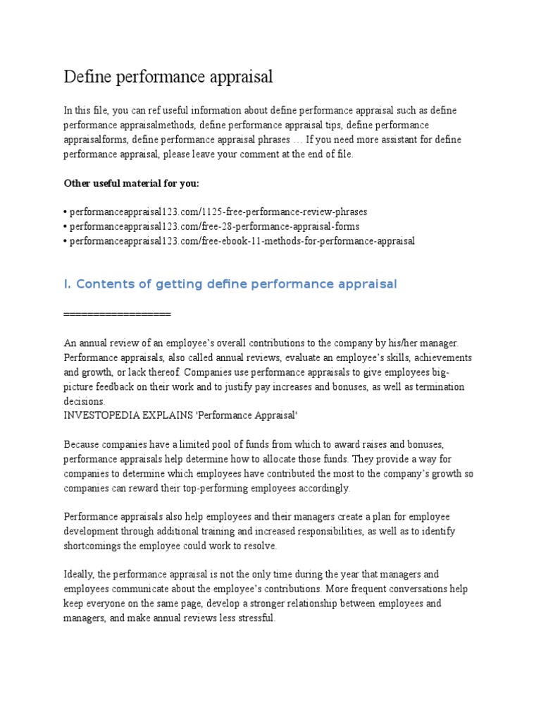 Define Performance Appraisal | PDF | Performance Appraisal | Employment