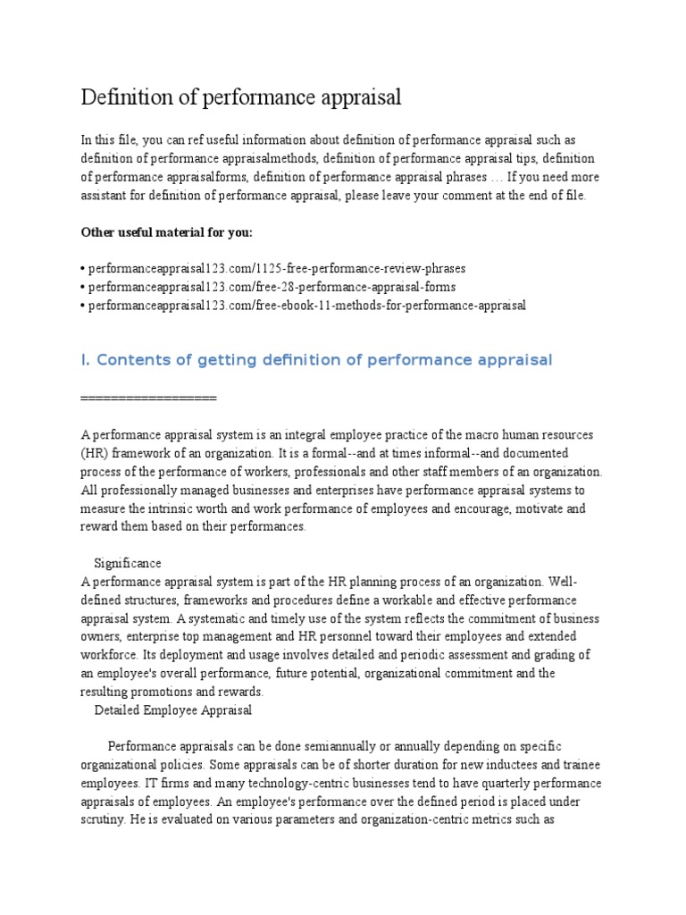 Definition of Performance Appraisal | PDF | Performance Appraisal ...