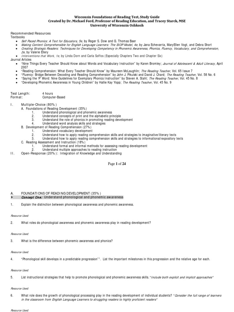 Ford Wisconsin Foundations of Reading Test Study | Download Free PDF ...