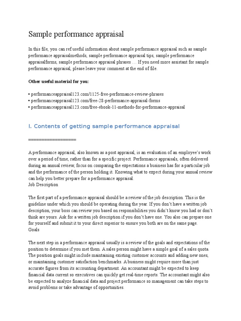 Sample Performance Appraisal | PDF | Performance Appraisal ...