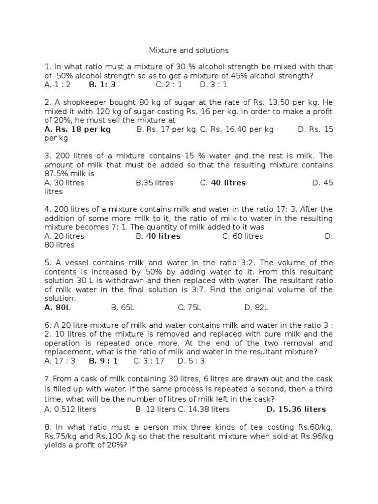 Mixture and Alligation Problems Explained | PDF | Ratio | Litre