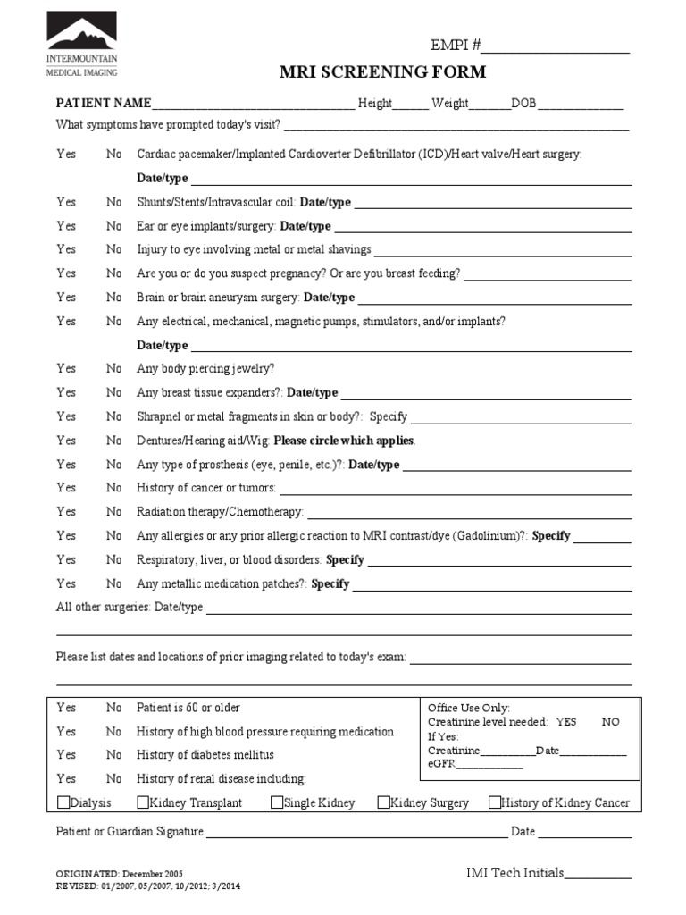 Mri Screening Form: PATIENT NAME - Height - Weight - DOB | PDF ...