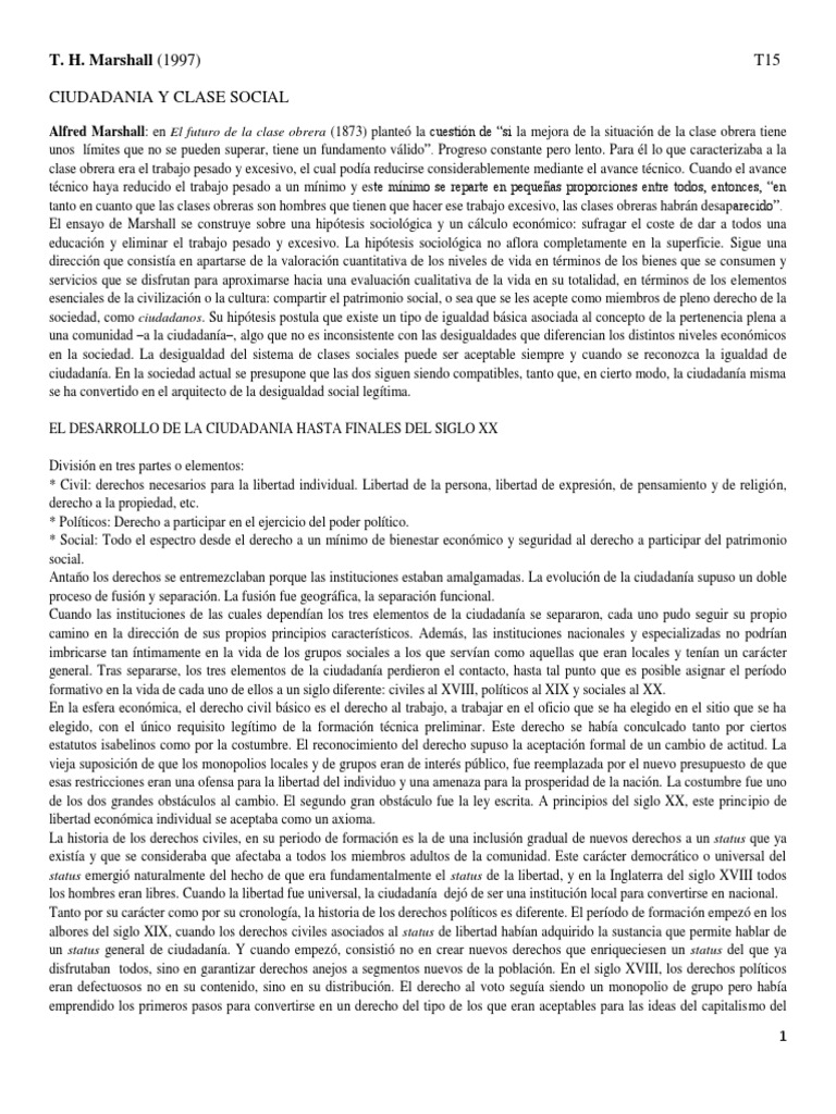 T H Marshall 1997 Ciudadania y Clase Social | PDF | Ciencias sociales