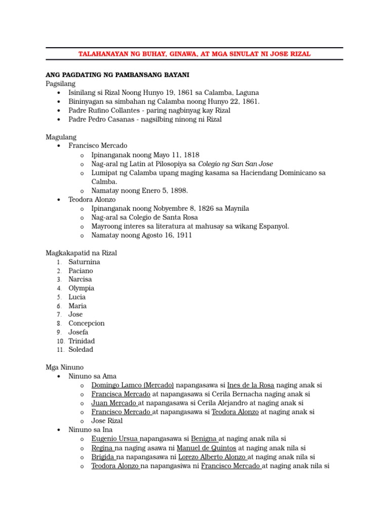 Talahanayan NG Buhay Ni Rizal | PDF