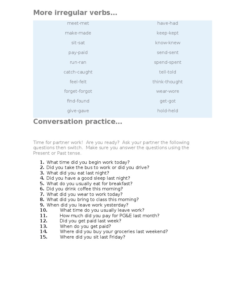 Irregular Verbs and Conversation Practice | PDF