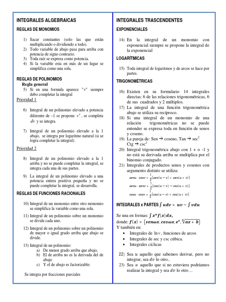 Reglas de Integración - Algebraicas y Trascendentes | PDF | Ciencia y ...